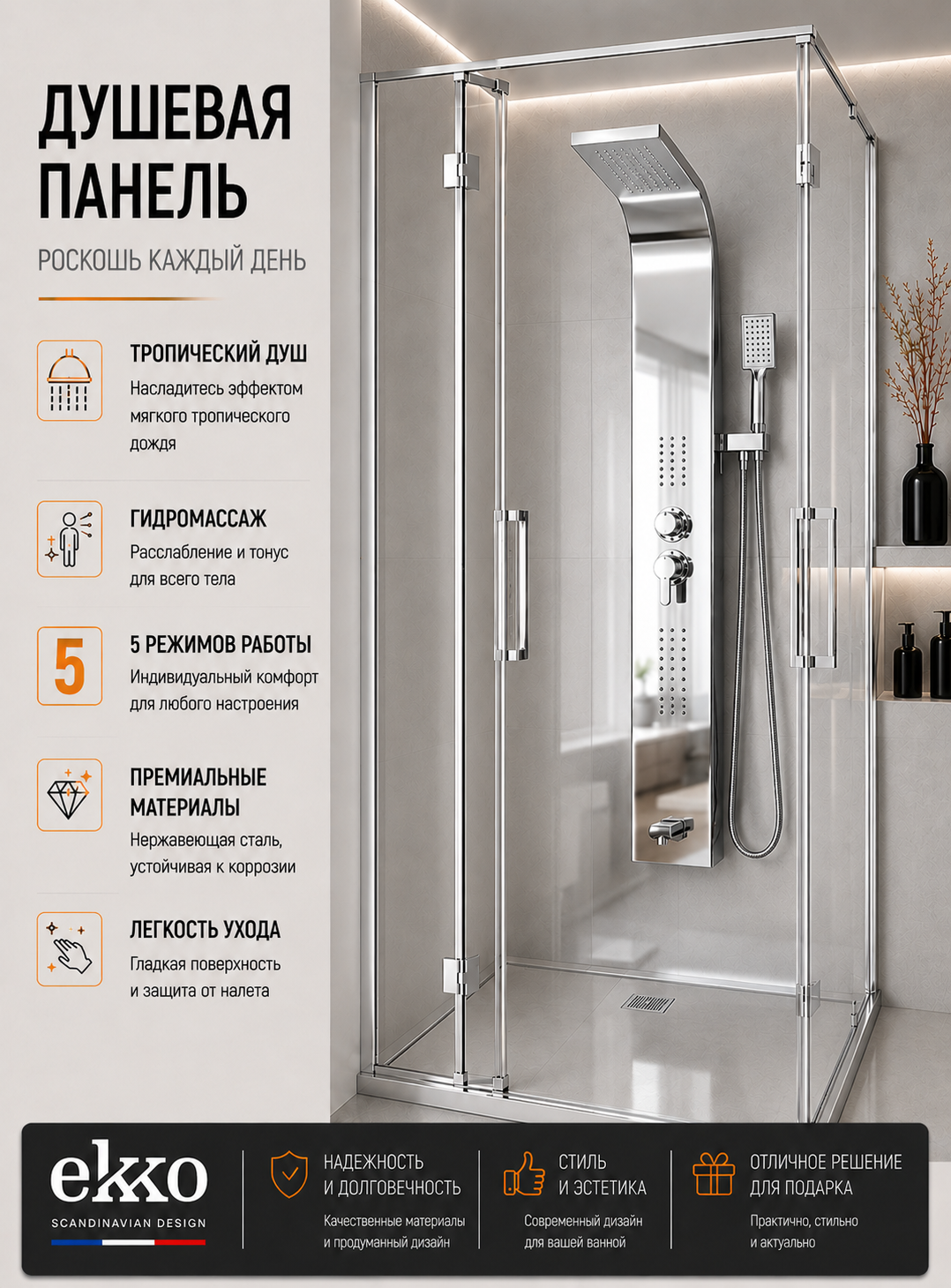 Душевая панель с функцией гидромассажа EKKO PURE SMART+, цвет глянцевый хром, Душевая система, душевая стойка с тропическим душем