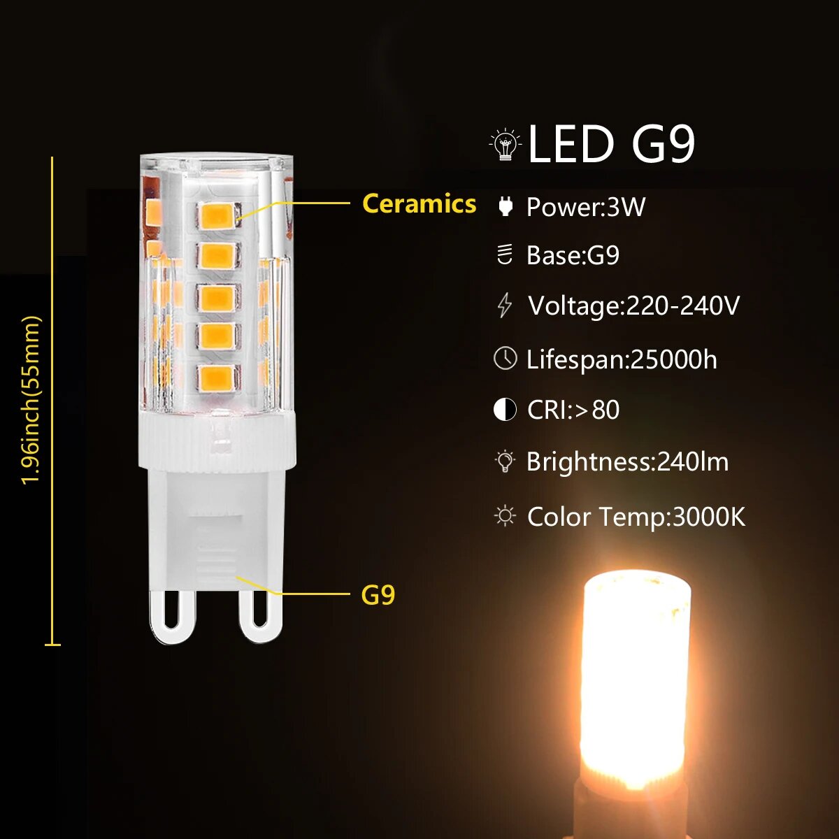 Светодиодная лампа G9 3W 3000K, 220V, 10 LED чипов
