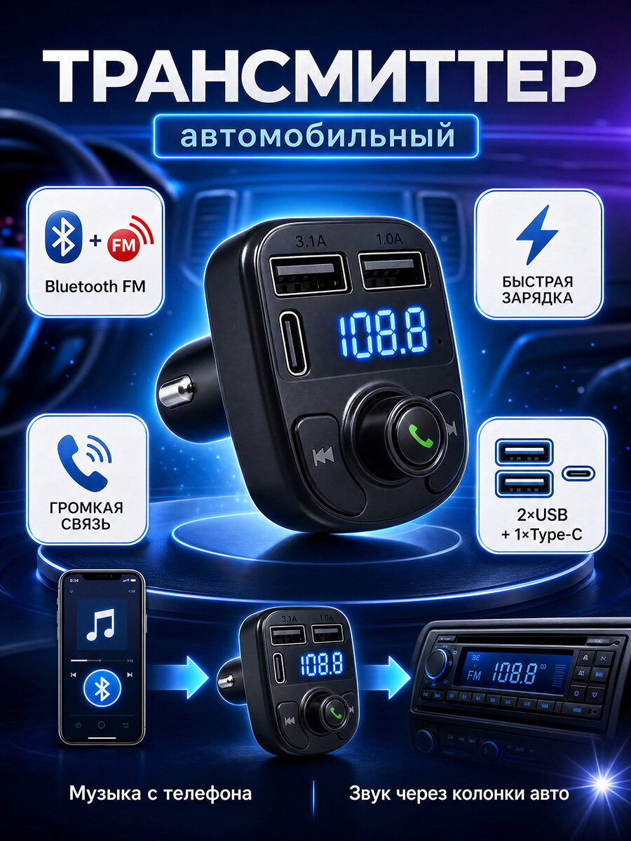 FM модулятор, fm трансмиттер bluetooth с встроенный микрофон