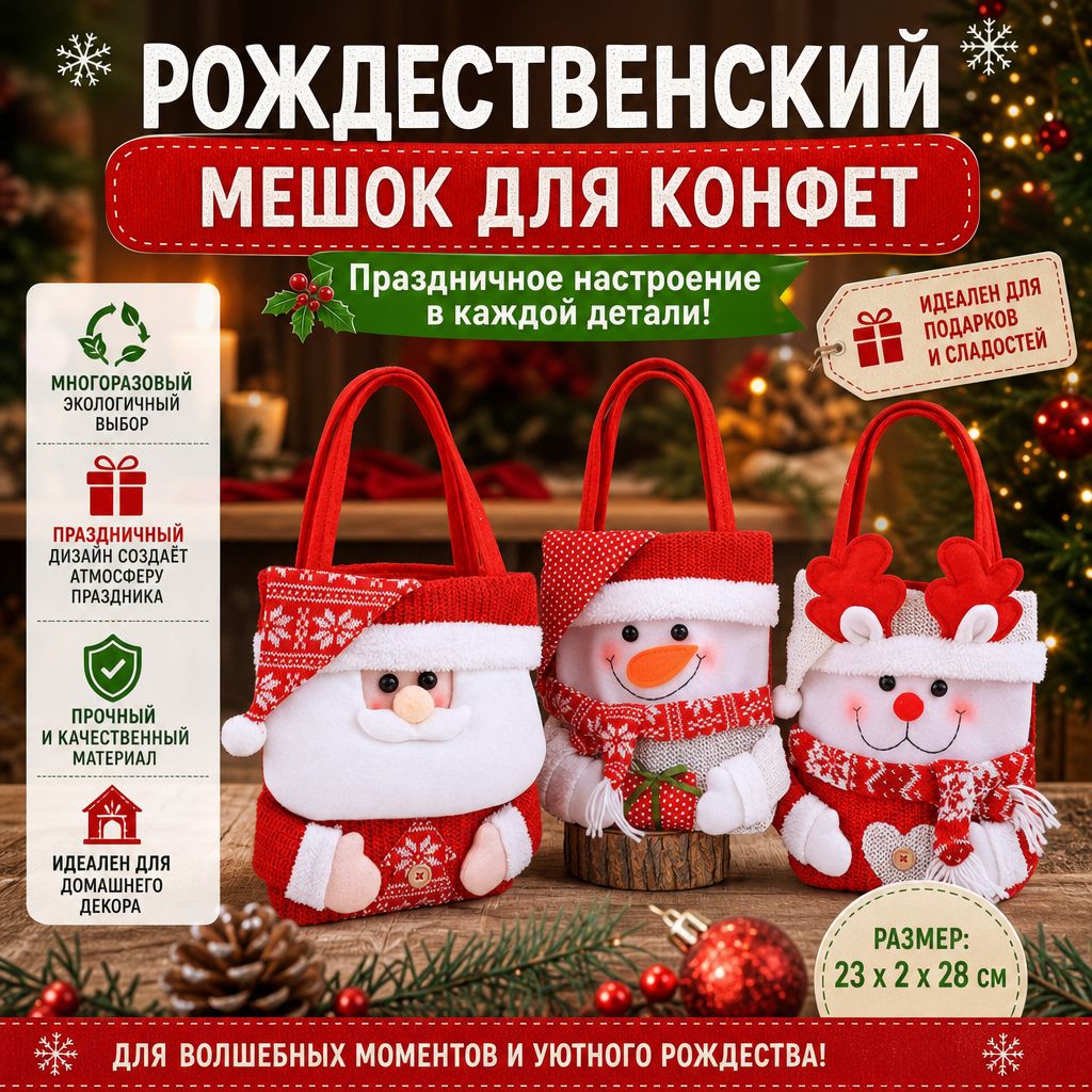 Подарочные мешочки на Рождество 3 шт, мешочки для сладостей с ручками, дизайн с отворотом и мультяшными персонажами