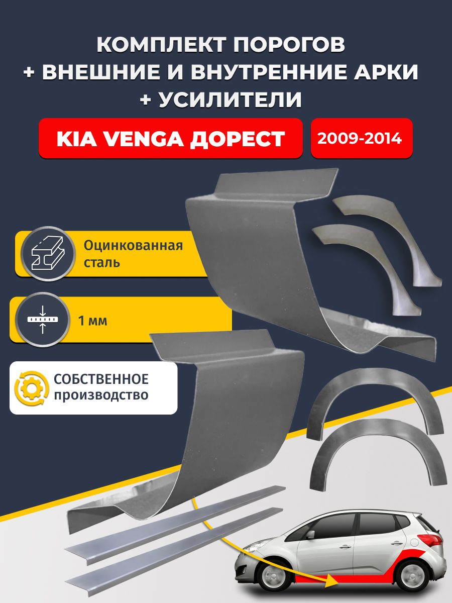 Комплект ремонтных задних внешних и внутренних арок (0,8 мм) + комплект порогов + усилители, на KIA Venga дорест 2009-2014 (КИА Венга) Оцинкованная сталь 1 мм