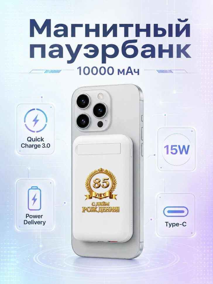 Магнитный внешний аккумулятор с надписью "С днём рождения! 85 лет"