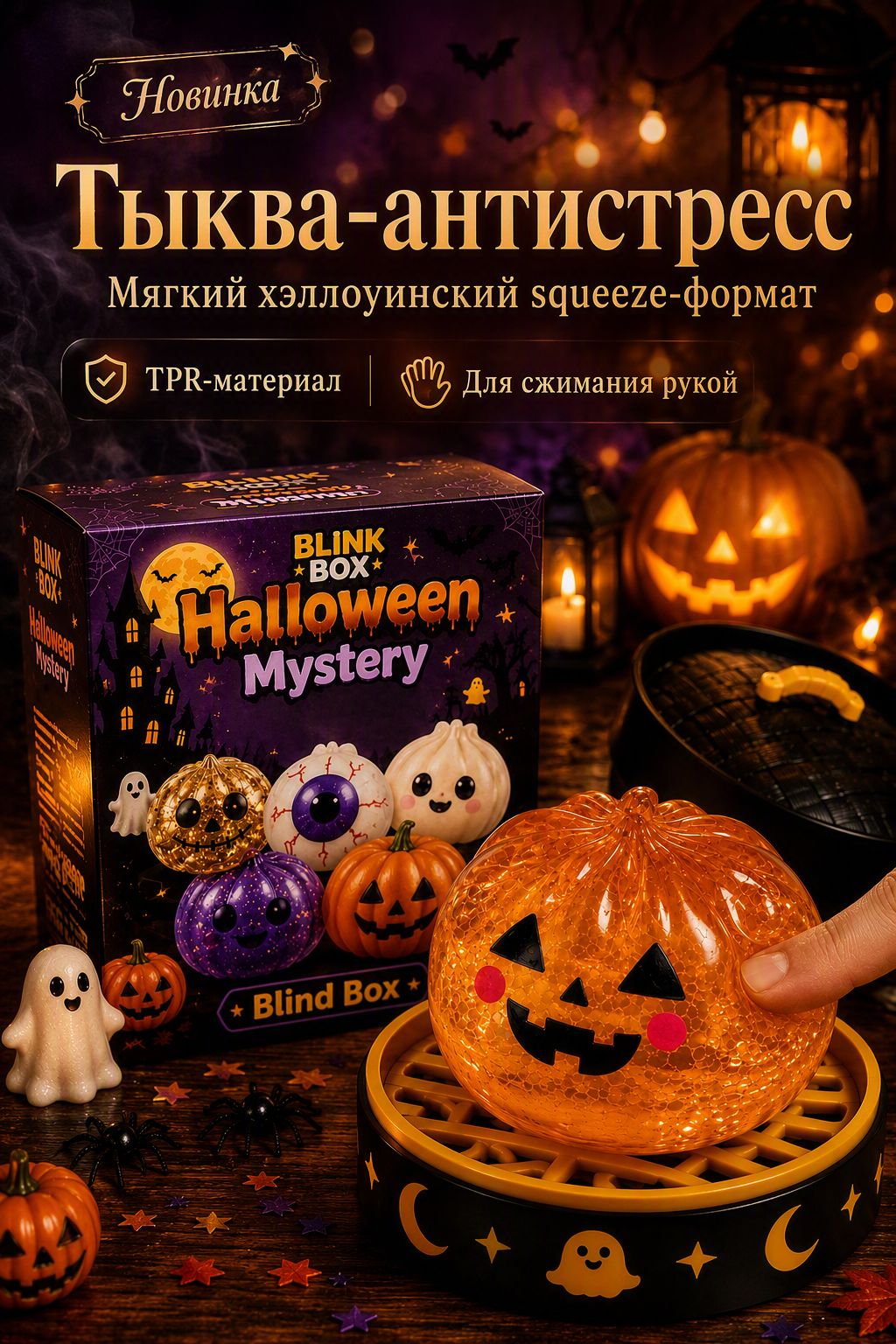 Антистресс-игрушка тыква для Хэллоуина, TPR, оранжевая, с рожицей jack-o'-lantern, для сжимания и снятия стресса