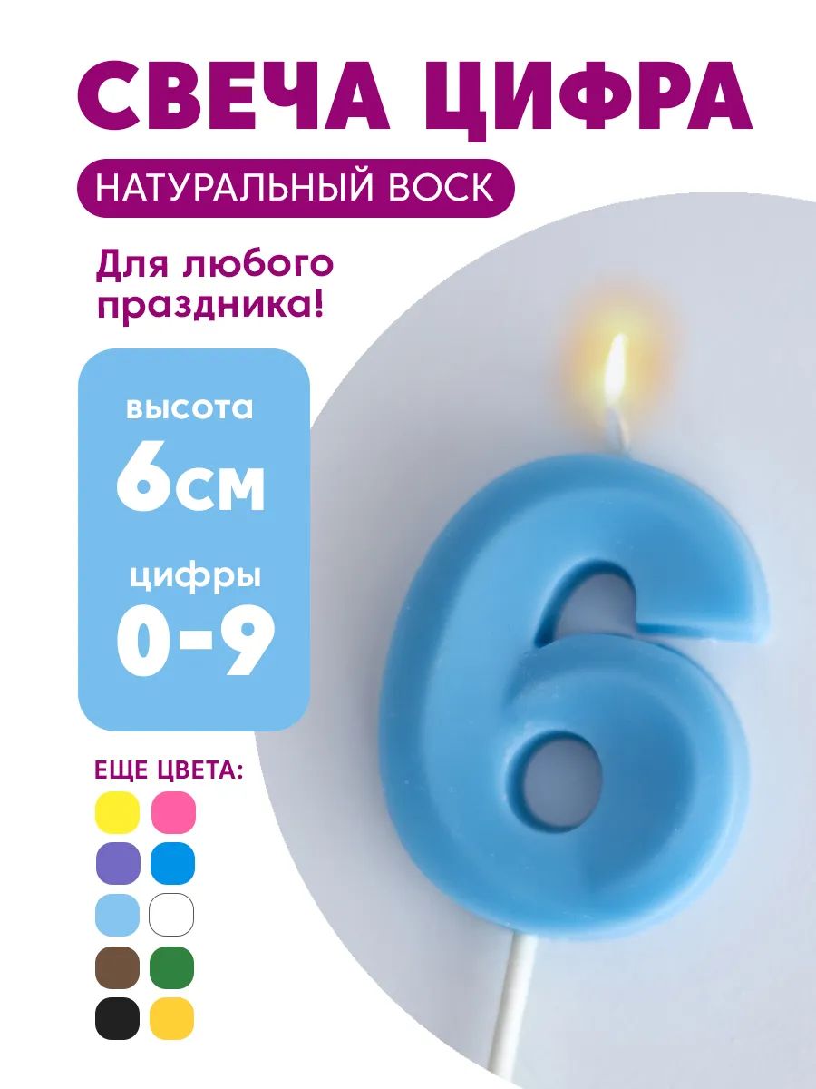 Свеча цифра 6 для торта на торт на палке голубая