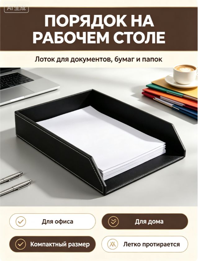 Лоток для документов, органайзер для стола, одноярусный, многофункциональный, из ПУ, для офиса и дома