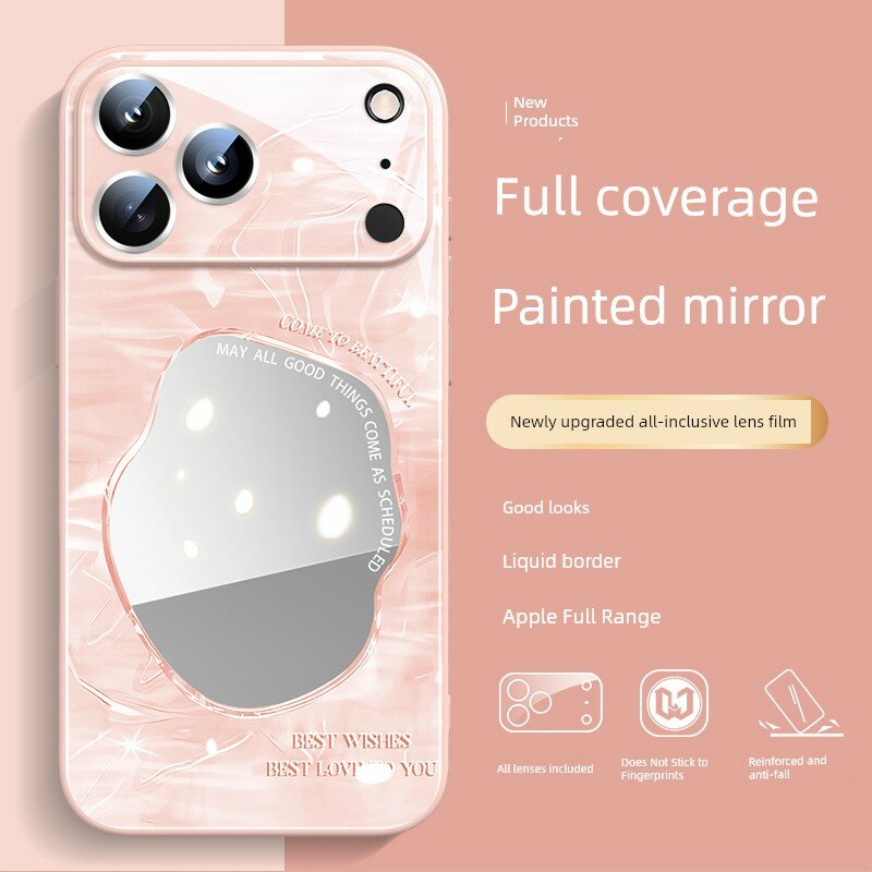 IPhone Air Покрытие с художественным рисунком и зеркалом для макияжа, перламутровый водный узор розового цвета, не