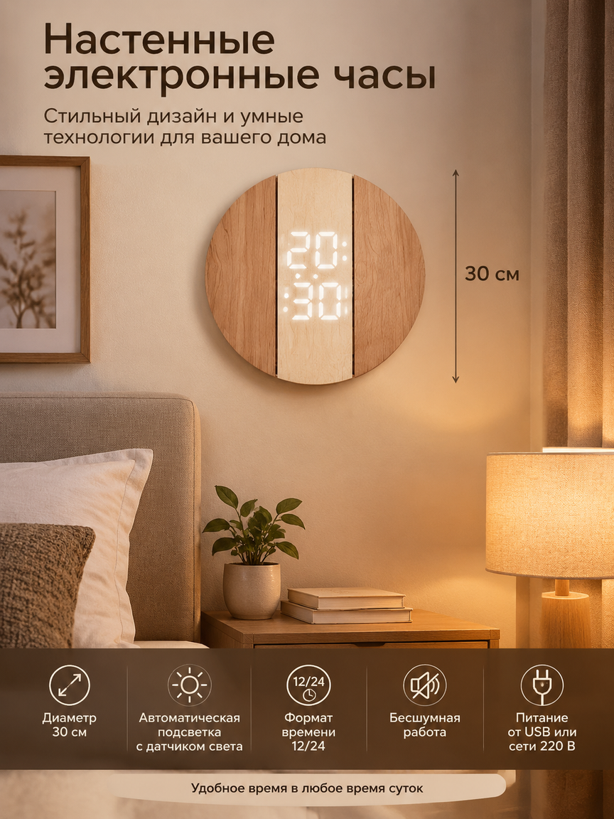 Электронные настенные часы 30 см, бежевый корпус, LED-дисплей с автоподсветкой и датчиком света