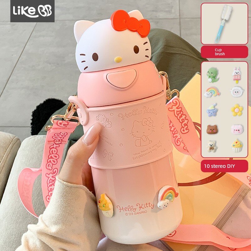 Кружка Hello Kitty 560 мл из нержавеющей стали с термосвойствами и соломкой, милый портативный бутылка для девушек