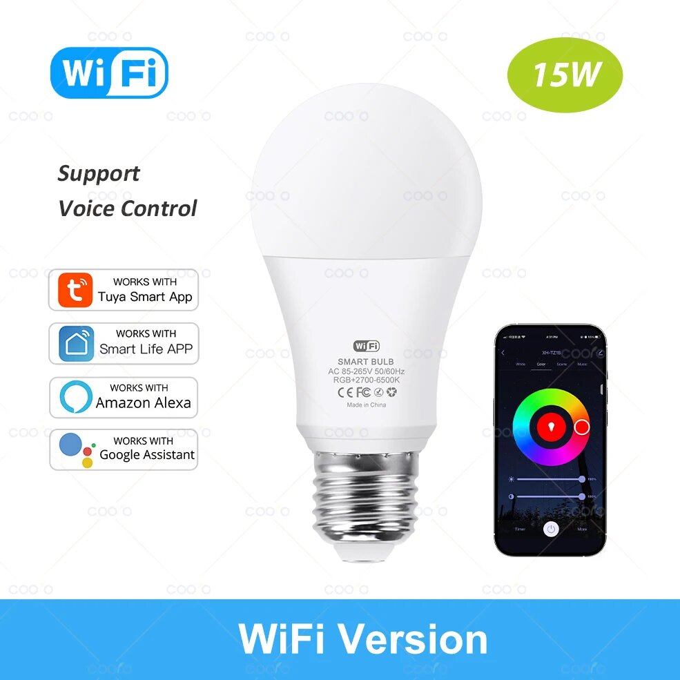 Умная светодиодная лампа Tuya Wi-Fi Bluetooth RGB CW 5Вт/15Вт/18Вт Белый, WiFi 15W 220V