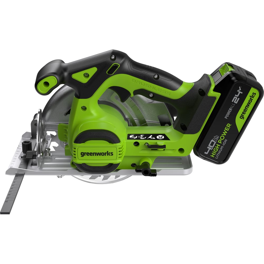 Дисковая пила GreenWorks GD24CS165, 24V, б/щет, диск 165х20мм, 4800об/мин, рез 57мм, 1x4Ач, ЗУ, коробка 1501607VUB