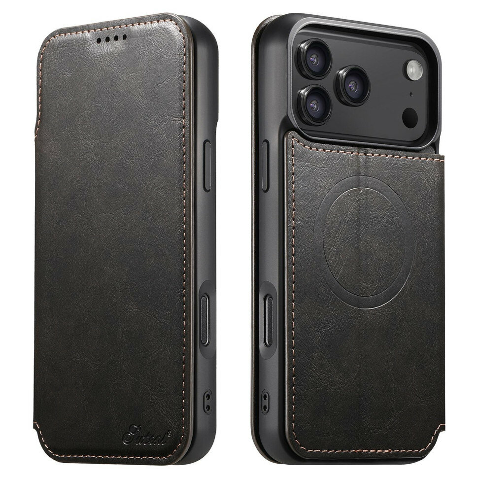 Кожаный чехол-книжка Suteni J05 с MagSafe, карманом для карт и подставкой для iPhone 17 Pro Max (Black)