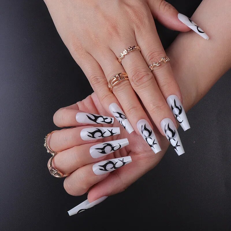 Белые накладные ногти с черным принтом, 24 шт, PDJ2964-Fake nails