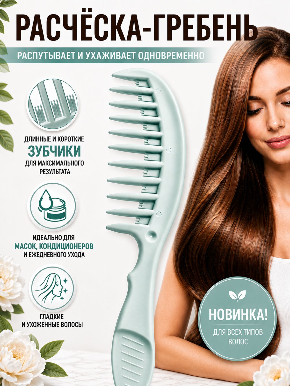 Расческа-гребень с широкими и редкими зубьями для всех типов волос, для распутывания густых и мокрых волос, для масок и кондиционеров, для вычесывания перхоти