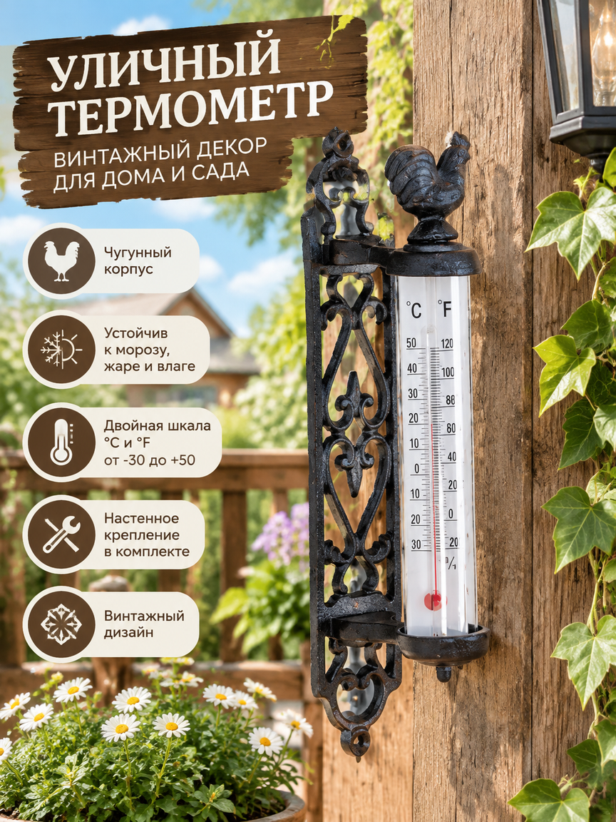 Настенный термометр-петух из чугуна для улицы, -30…+50°C, винтажный декор сада и дома