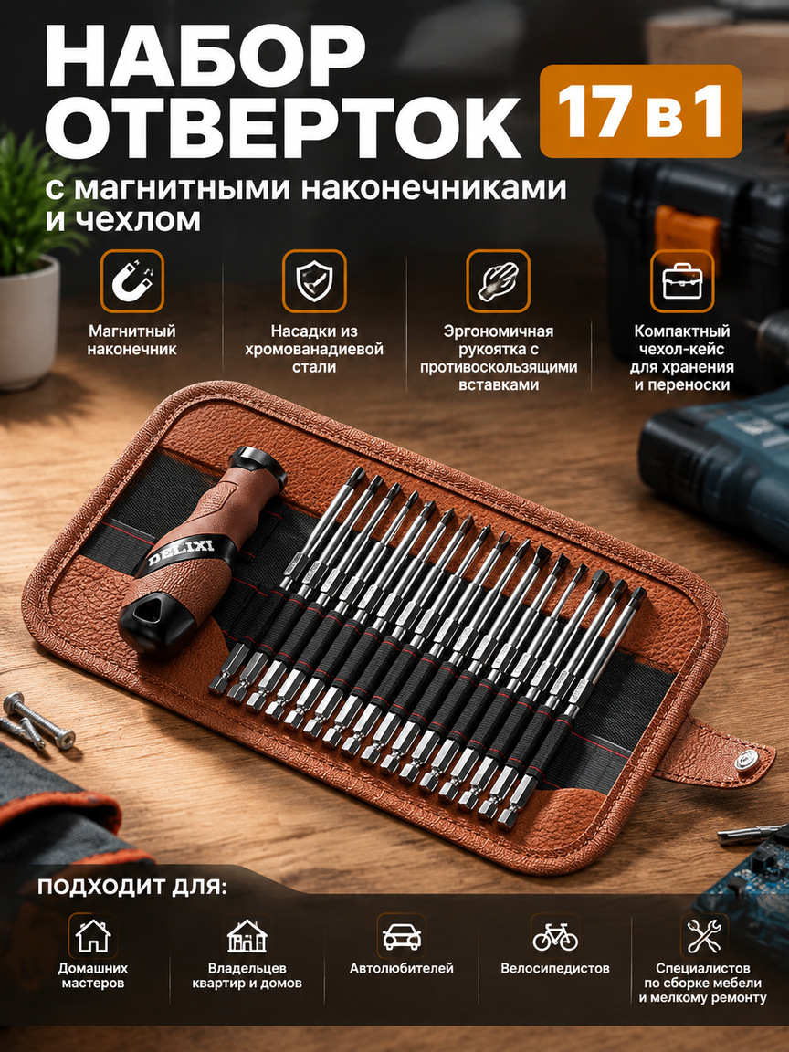 Набор отверток 17 в 1 с магнитными наконечниками и чехлом, хромованадиевая сталь, кейс