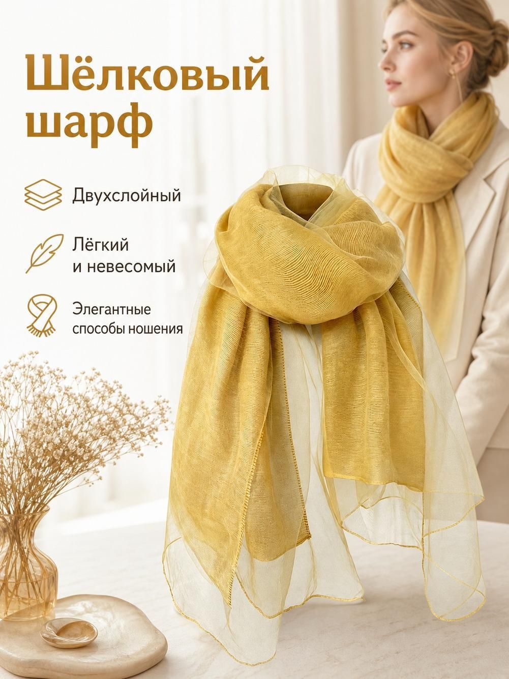 Шарф  для женщин,190х70 см, универсальный, желтый