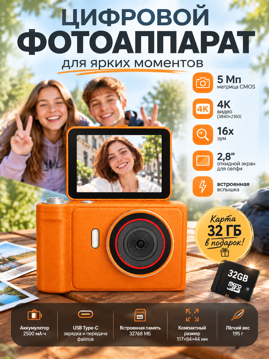 Камера цифровая 4K с поворотным экраном для селфи, 5 Мп, зум 16x, вспышка, оранжевая, карта 32 ГБ