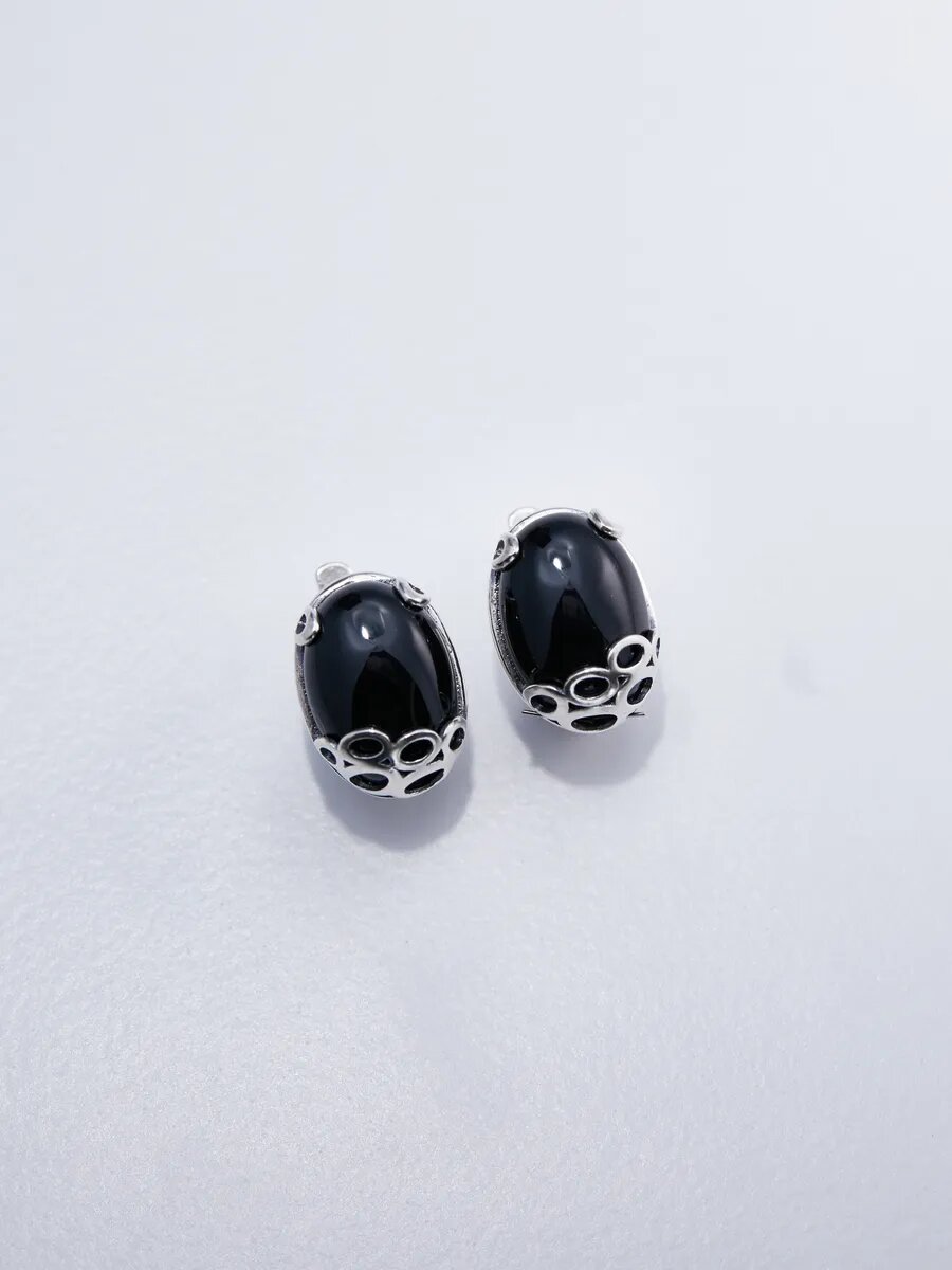 Серьги БРЮС, серебро, 925 проба, оникс