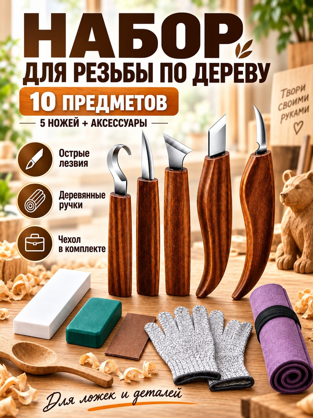 Набор для резьбы по дереву, 10 предметов, 5 ножей-резцов с деревянными ручками, чехол и аксессуары