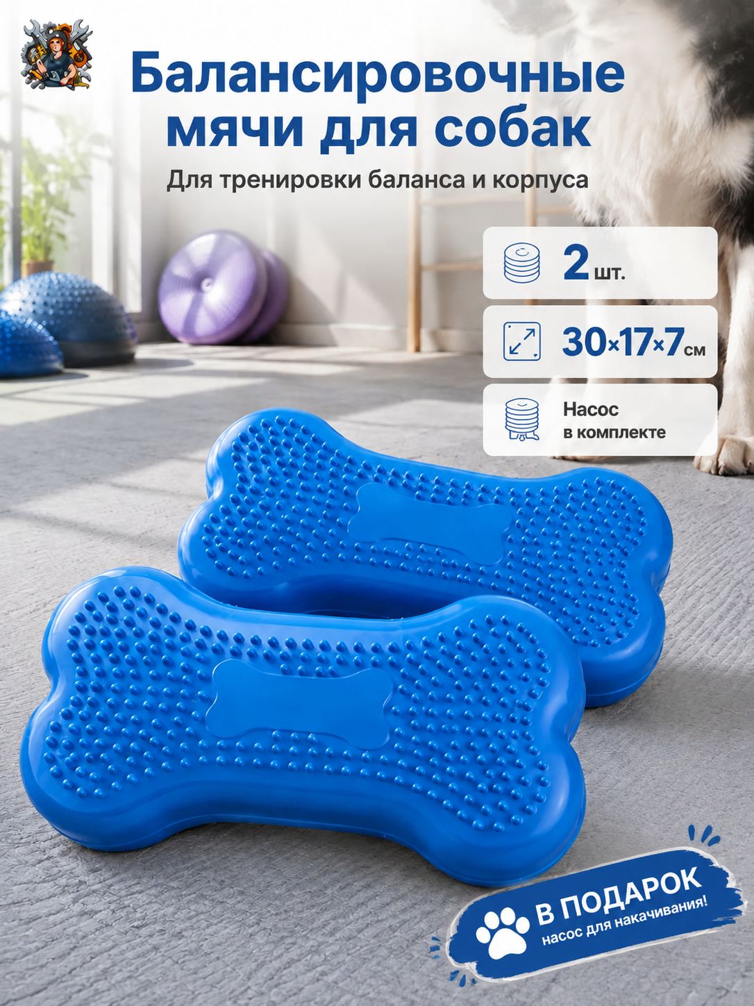 Балансировочный фитнес-мяч для собак косточка, 2 шт, 30 17 7 см, с насосом, для тренировки корпуса и координации
