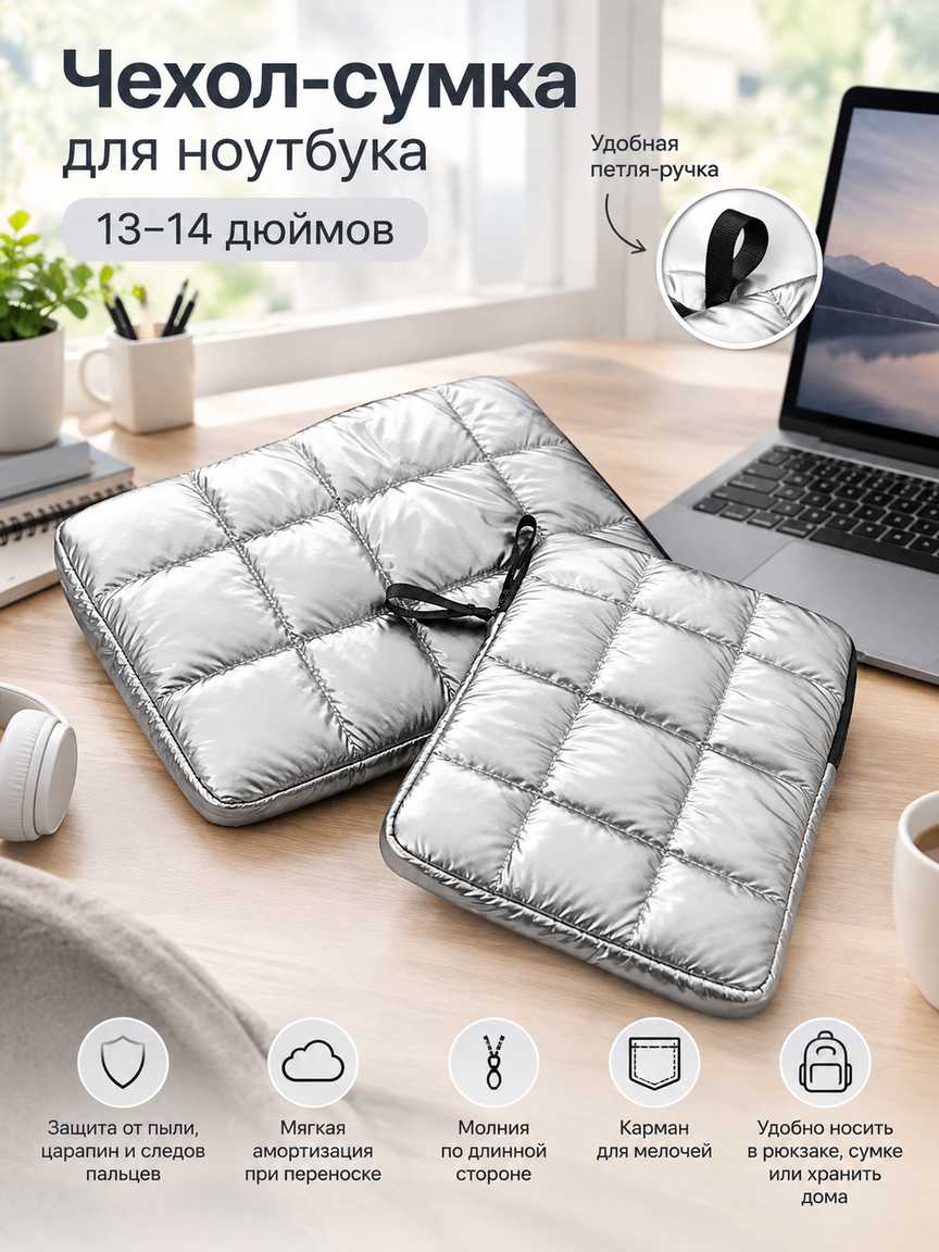 Чехол-сумка для ноутбука 13–14 дюймов, стёганый серебристый, с ручкой-петлёй, на молнии
