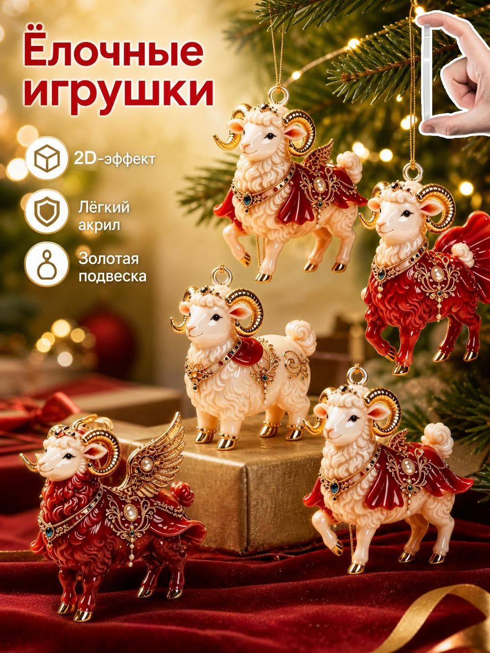 Елочная подвеска из акрила, кремовая овечка, 8 см
