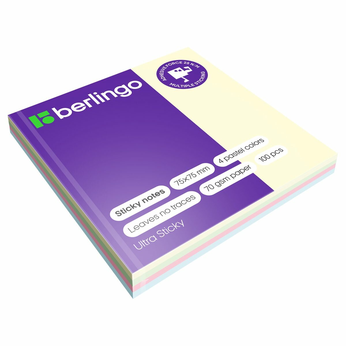 Блок самоклеящийся (стикеры) Berlingo Ultra Sticky, 75x75мм, 4 цвета пастель, 100 листов (LSn_39601), 12 уп.