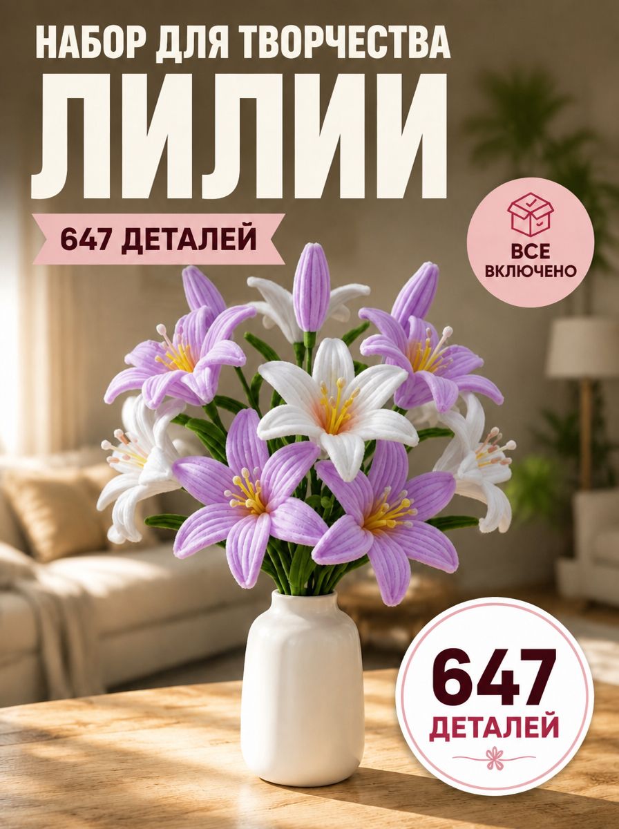 647pcs Набор для создания вечных цветов (лилии, тюльпаны) из синельной проволоки идеально для свадебных букетов, декора и подарков на День влюбленных и День матери