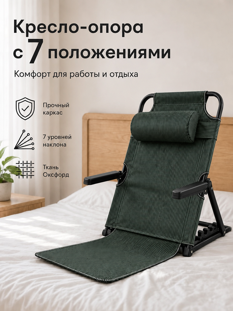 Складное кресло-опора с 7 положениями, улучшенное, большое, зелёный узор, с подлокотниками