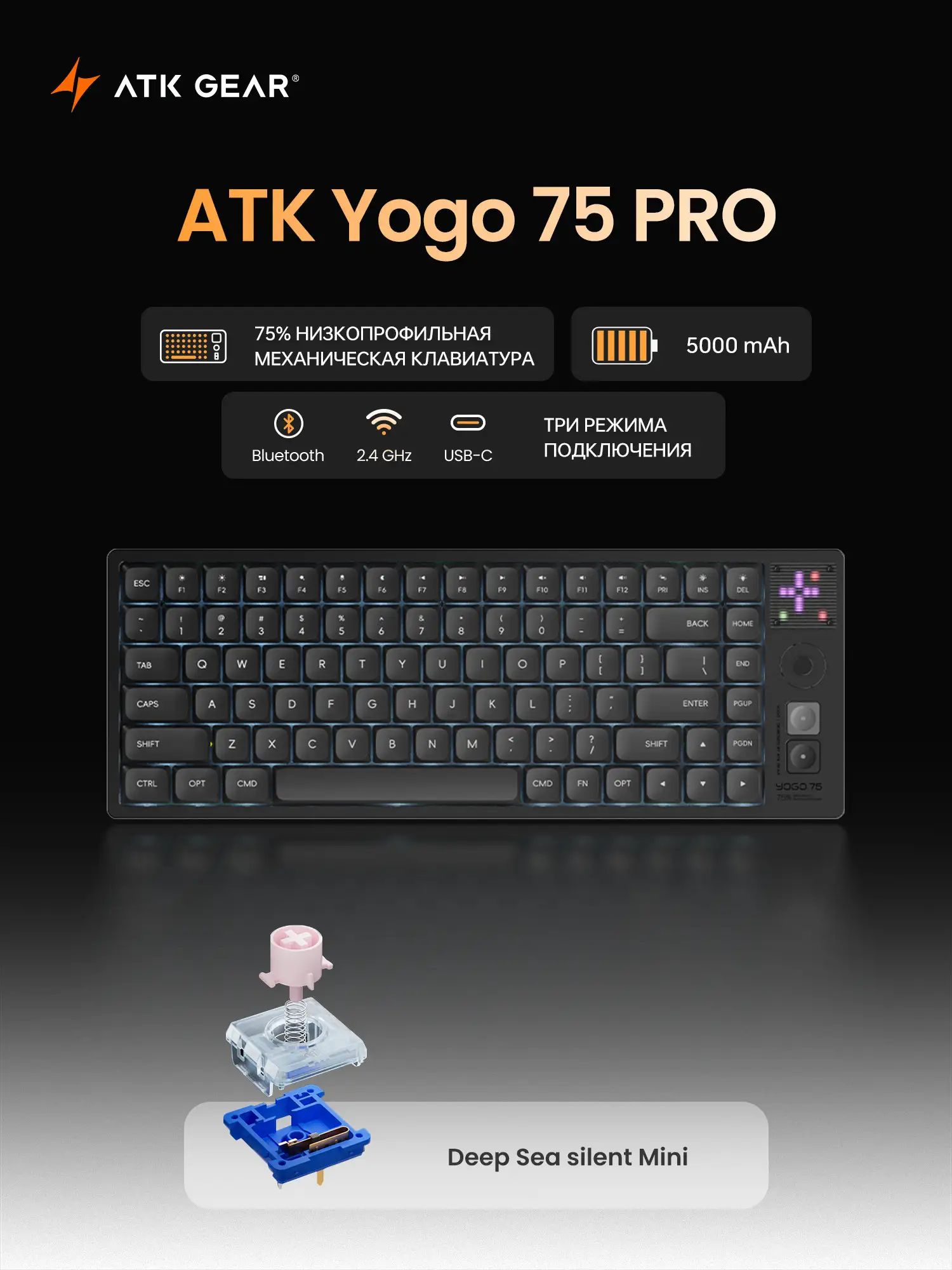 ATKGEAR Игровая клавиатура Yogo 75 Pro Механическая клавиатура Low-Profile 75% Pixel Display Knob, Английская раскладка, шоколадный, серый