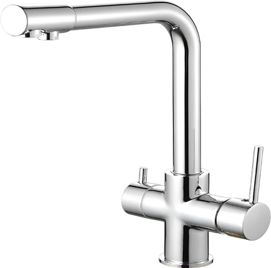 Смеситель для кухни D-lin D159315-1 с краном для питьевой воды, с поворотным изливом, хром, глянцевый, однорычажный, латунный, с керамическим картр