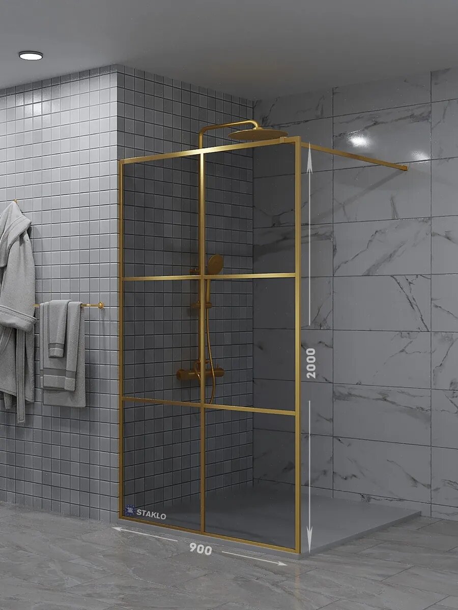 Loft душевая одиночная перегородка staklo 90x200 из серого графит стекла золото фурнитура