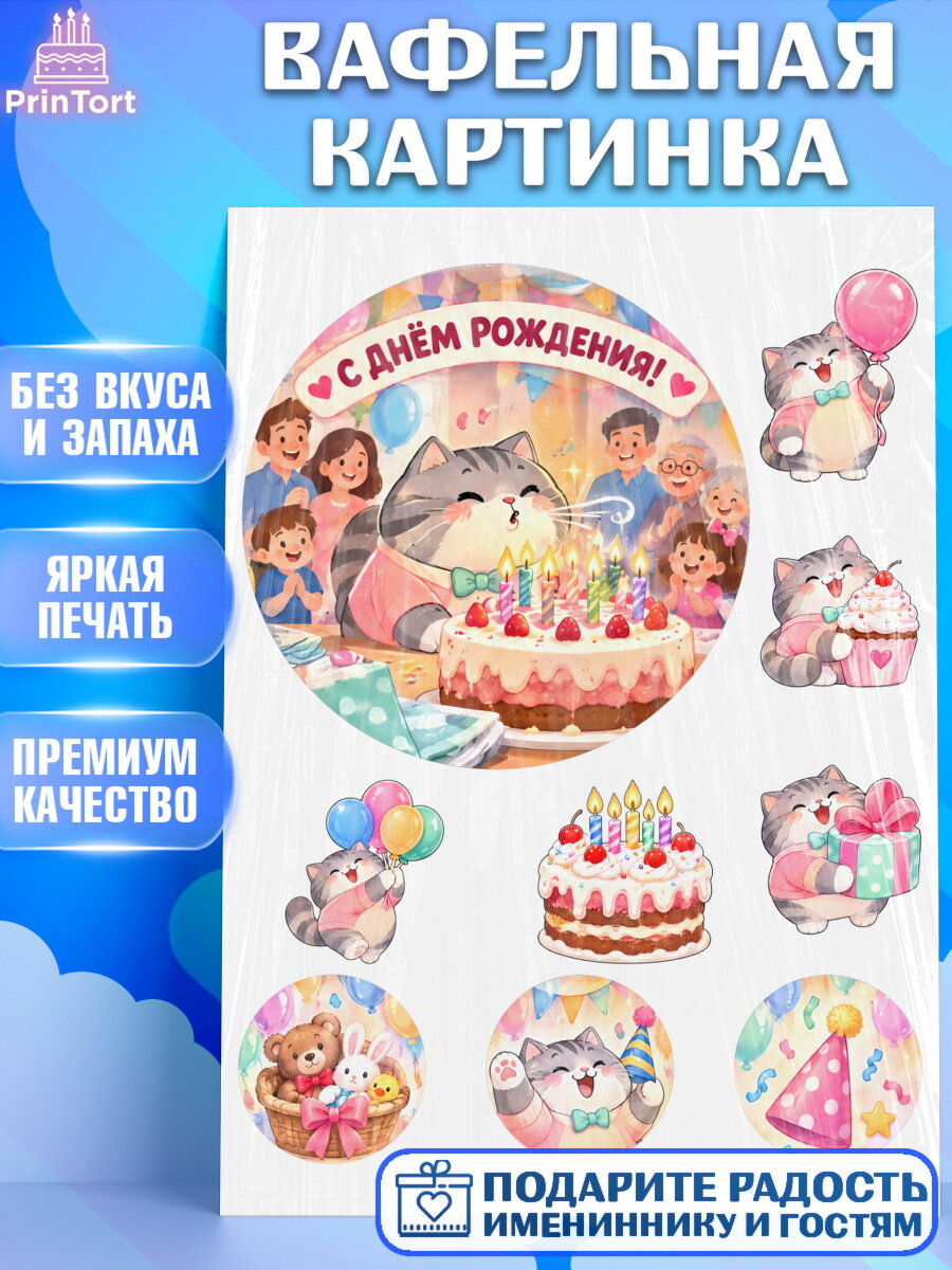 Вафельная картинка на торт Кот Пушин ребёнку в день рождения