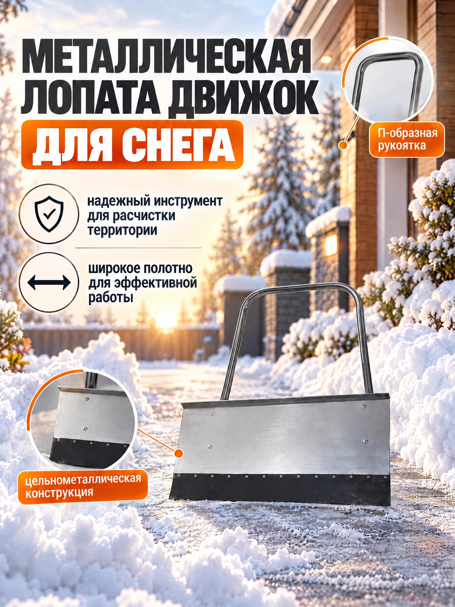 Движок для уборки снега 1000х500 с закаленной накладкой и п-образным черенком