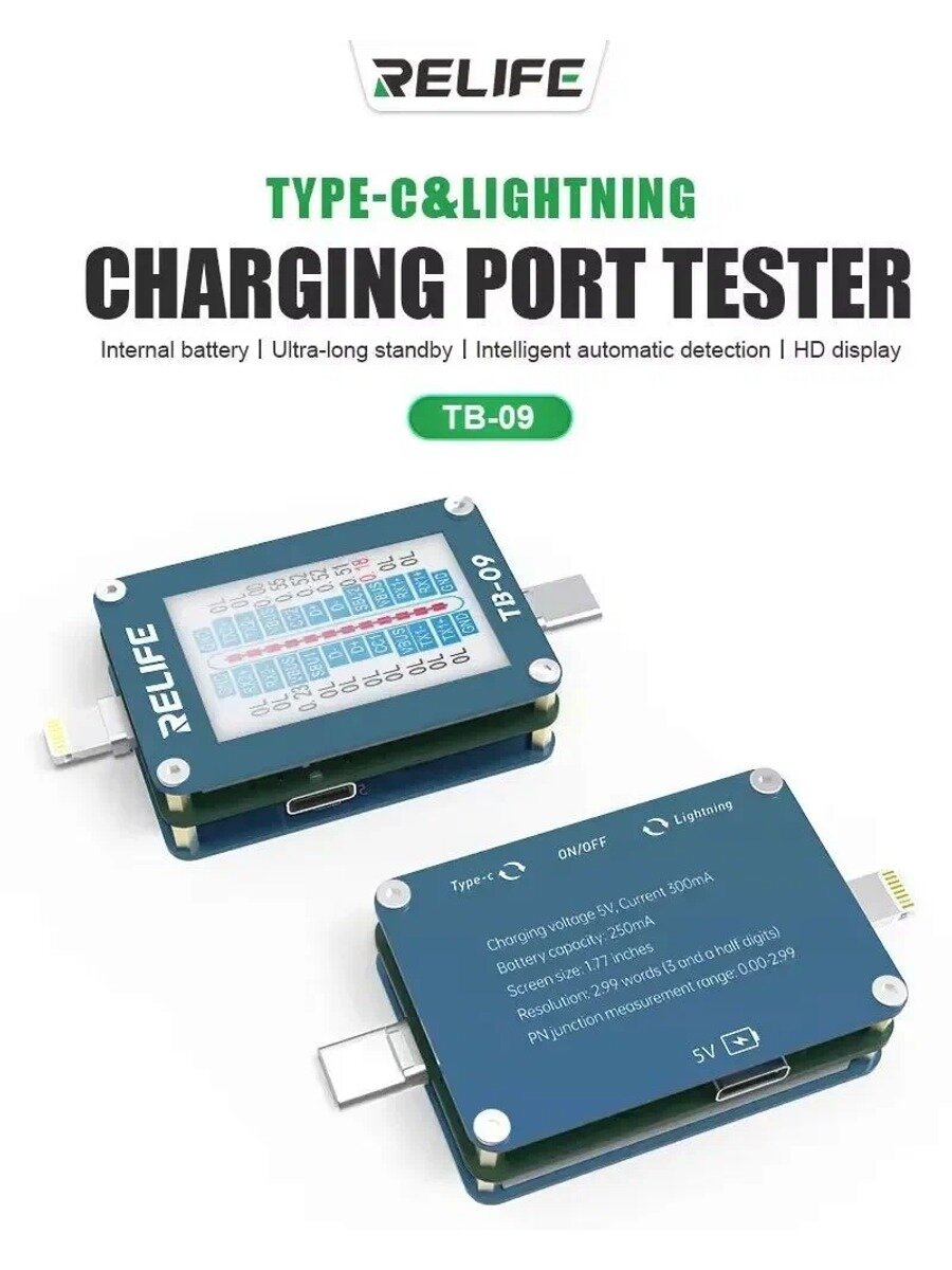 Тестер Type-C и Lighthing разъемов RELIFE TB-09, Цвет Темно-синий