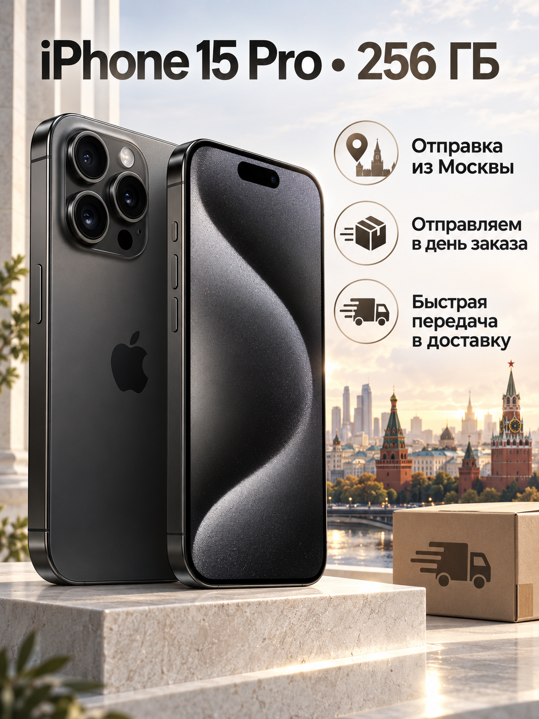 Смартфон Apple iPhone 15 Pro 256 ГБ, чёрный, A17 Pro, 2 Nano-SIM, отправка из Москвы в день заказа, гарантия продавца 12 мес, максимальная ёмкость аккумулятора 100%