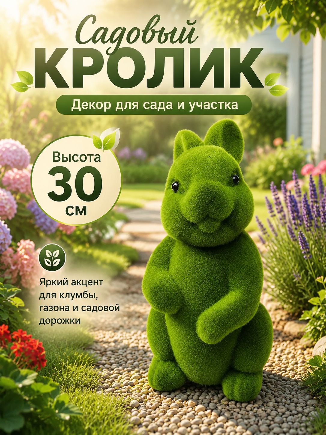Садовая фигура кролик топиари из искусственной травы декоративная 30 см, высота 30 см, всесезонный декор