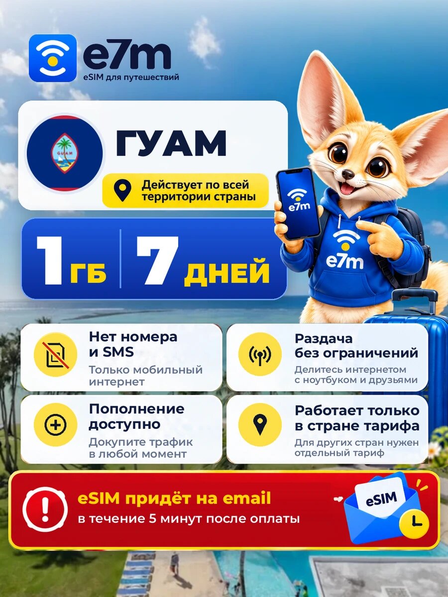 ESIM Гуам — мобильный интернет 1 ГБ на 7 дней | виртуальная SIM-карта для путешествий