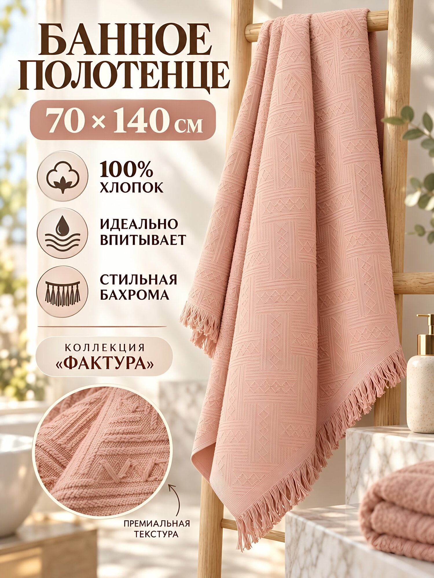 Банное полотенце 70х140 см из хлопка, светло-розовое, с узором и бахромой