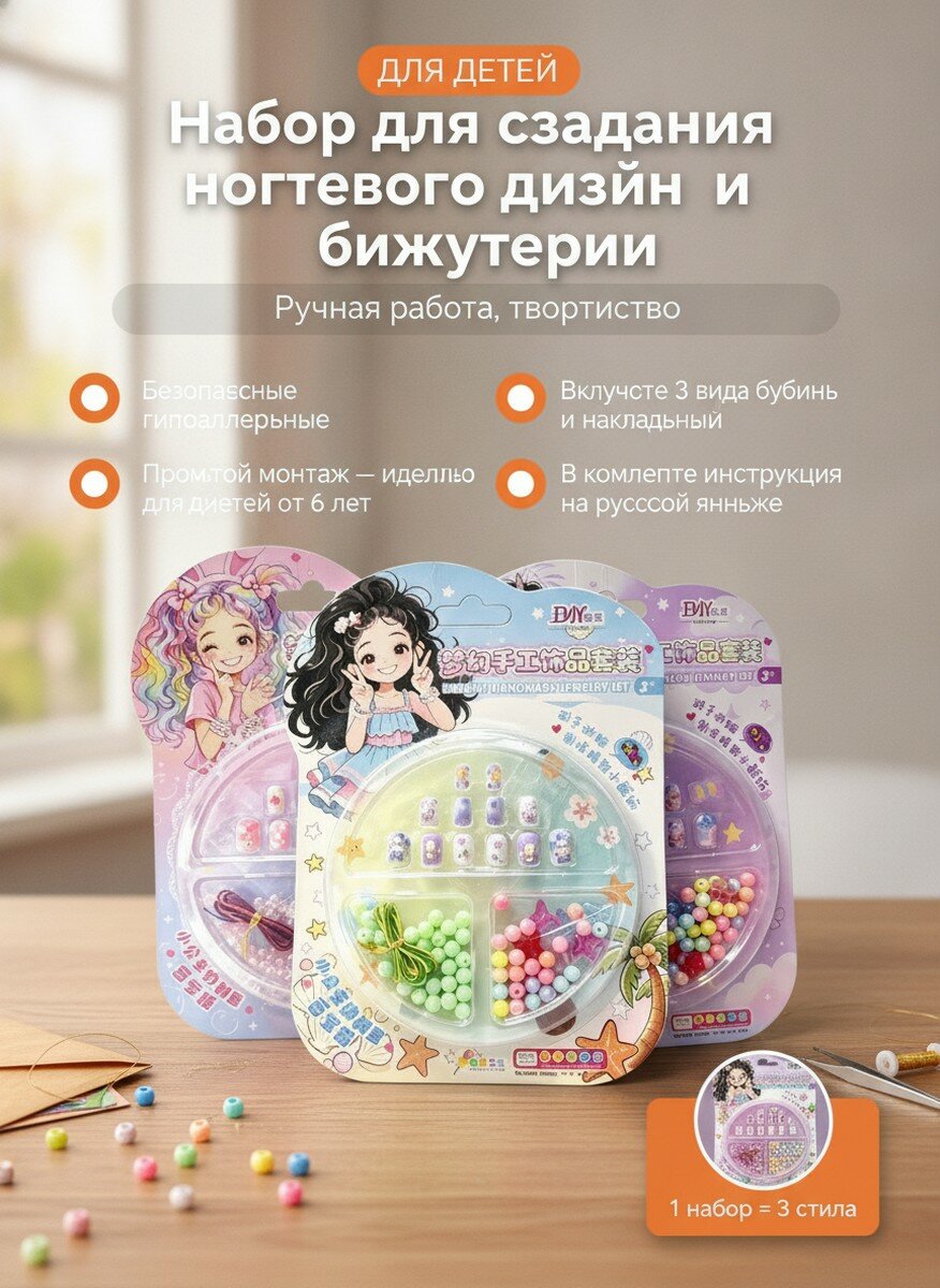 Детское ожерелье ручной работы из бисера, браслет, сделай сам, набор наклеек для ногтей принцессы
