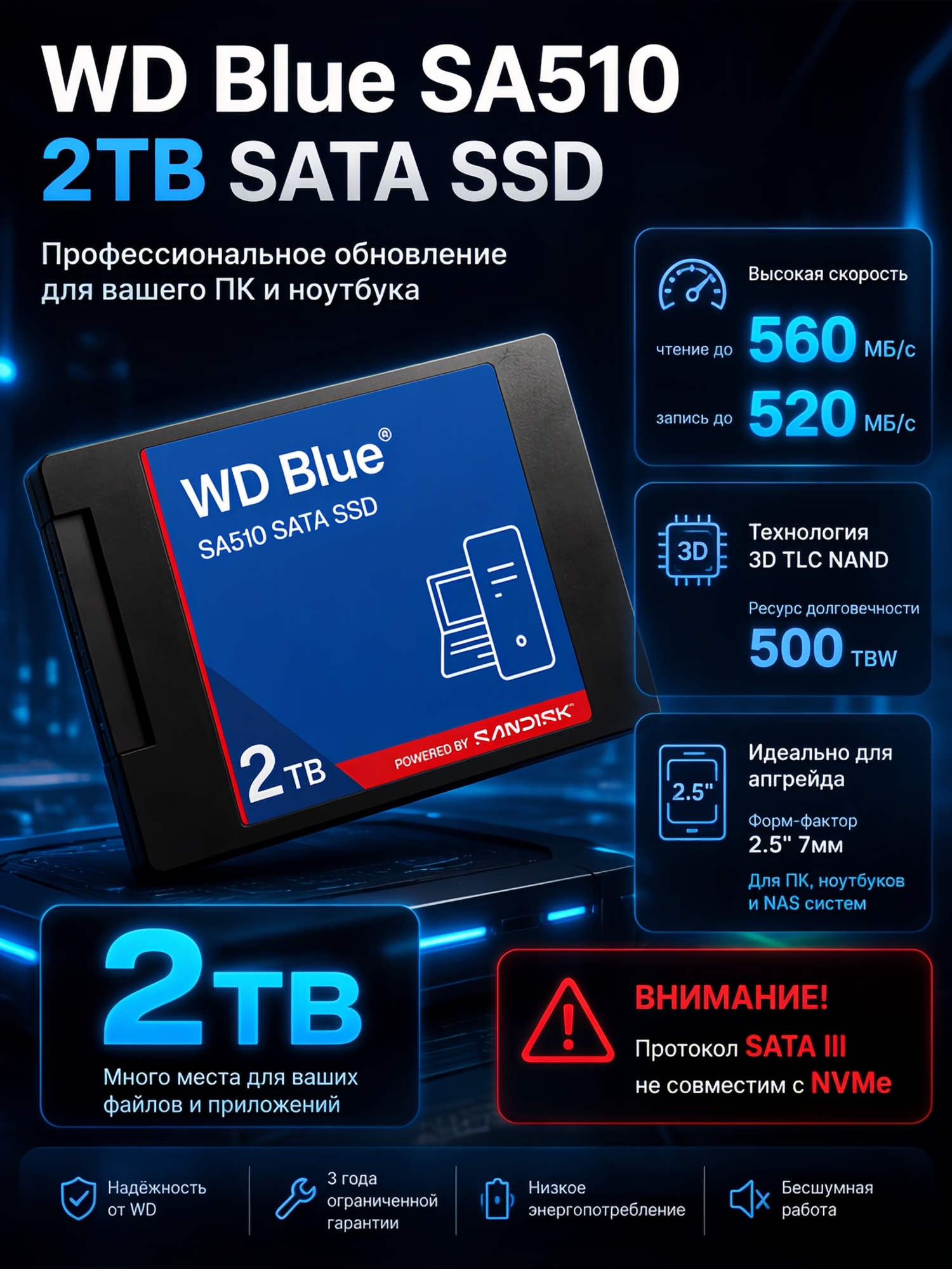 SSD WD SA510 2.5" 2TB SATA III, чтение до 560 МБ/с, большой объем для офиса, не NVMe