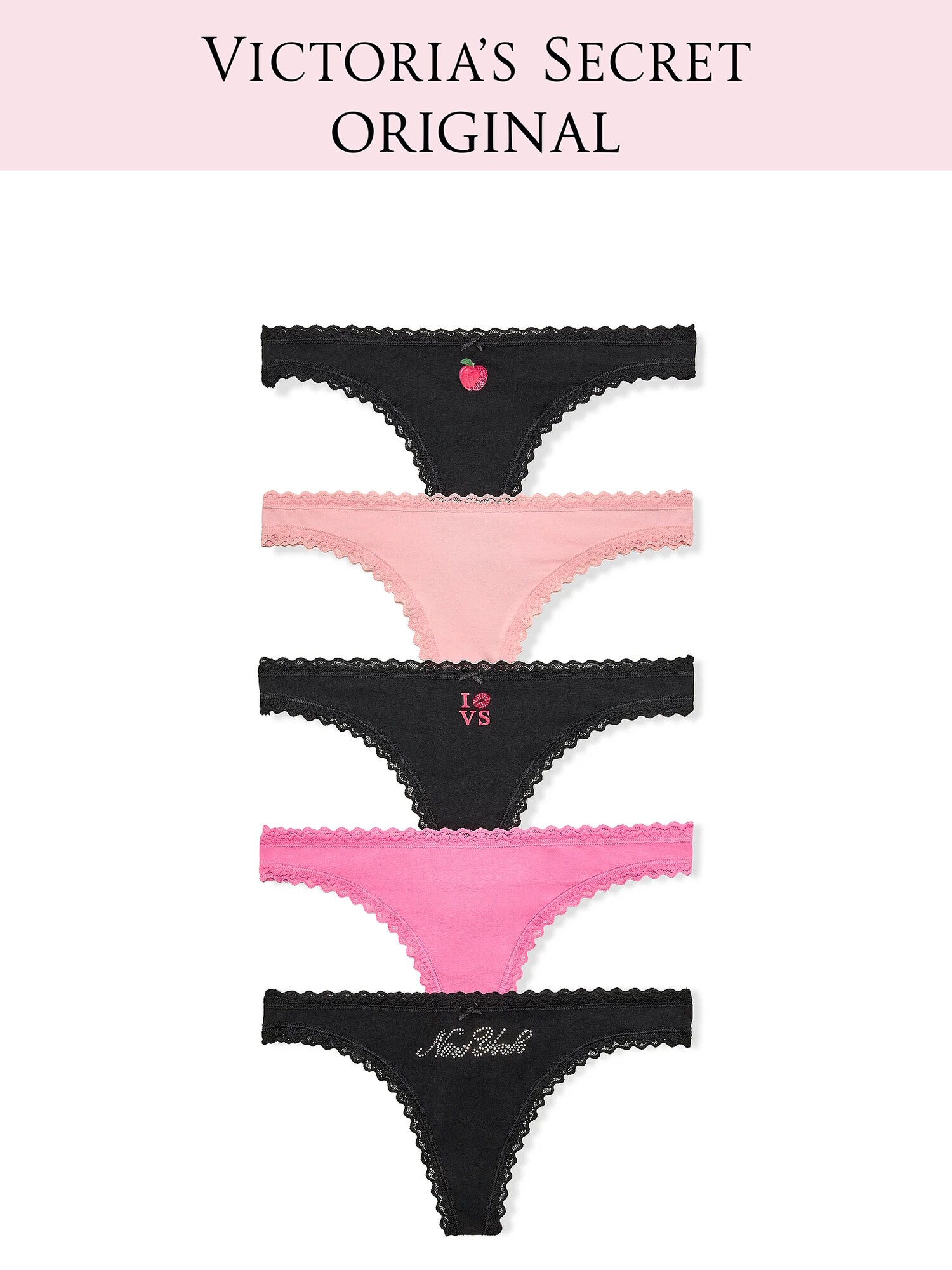 Трусы Victoria's Secret 5-Pack NYC Cotton Lace-Trim Thong Panties, комплект