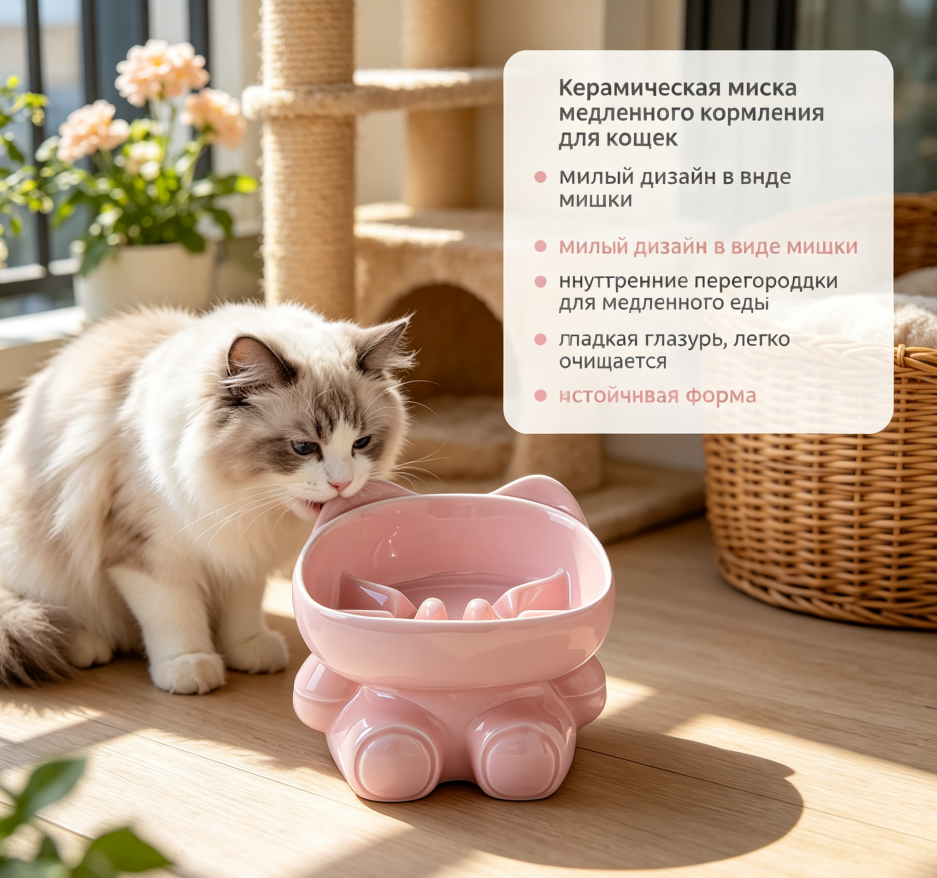 Керамическая миска для медленного кормления в виде котика, антиудушающая миска для кошек, стильная посуда для питомцев