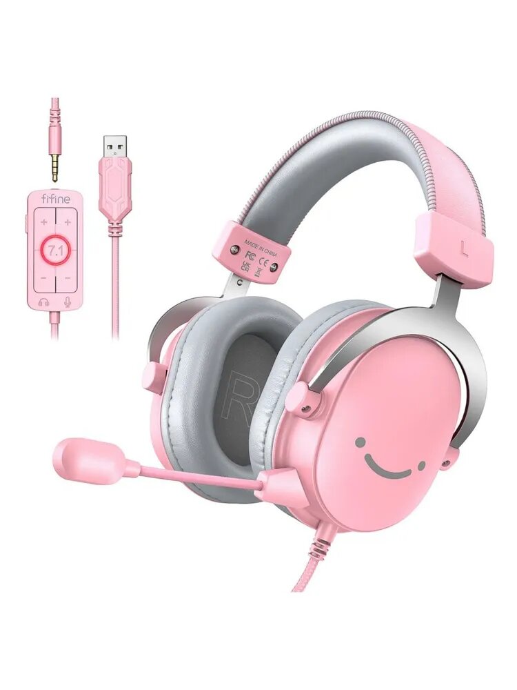 Fifine Наушники проводные с микрофоном, 3.5 мм, USB, розовый