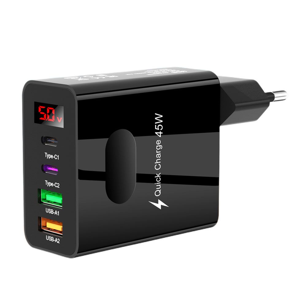 Зарядное устройство 4 порта 45 Вт, с цифровым экраном, 2 USB и 2 Type-C, безопасное, черное
