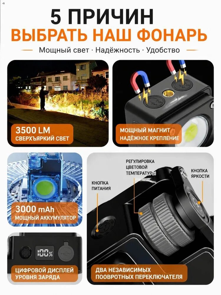 Мощный аккумуляторный фонарь 3500 лм, USB-зарядка, магнитное крепление, черный