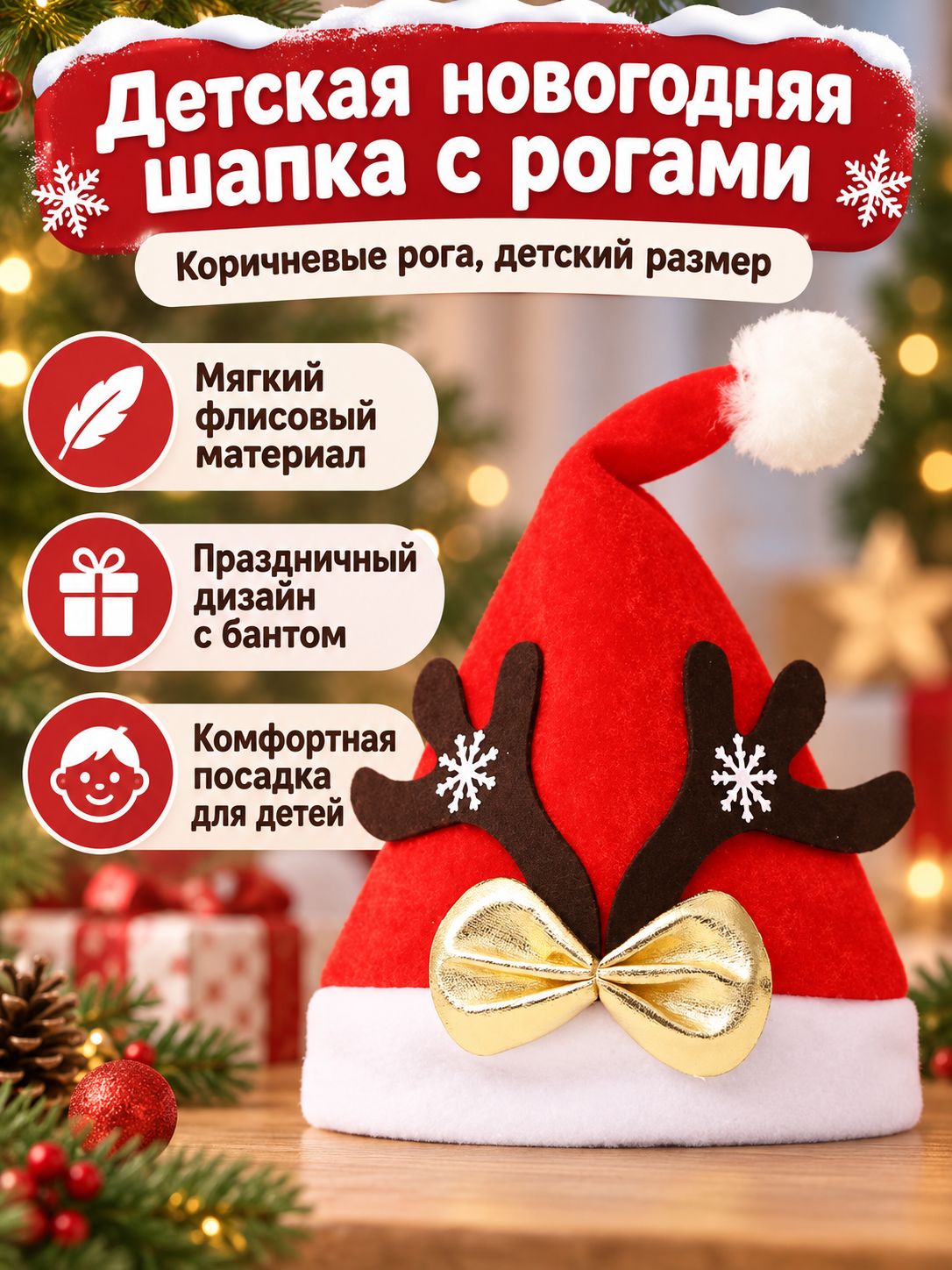 Рождественская шапка для детей с коричневыми рогами оленя и бантом, из нетканого материала