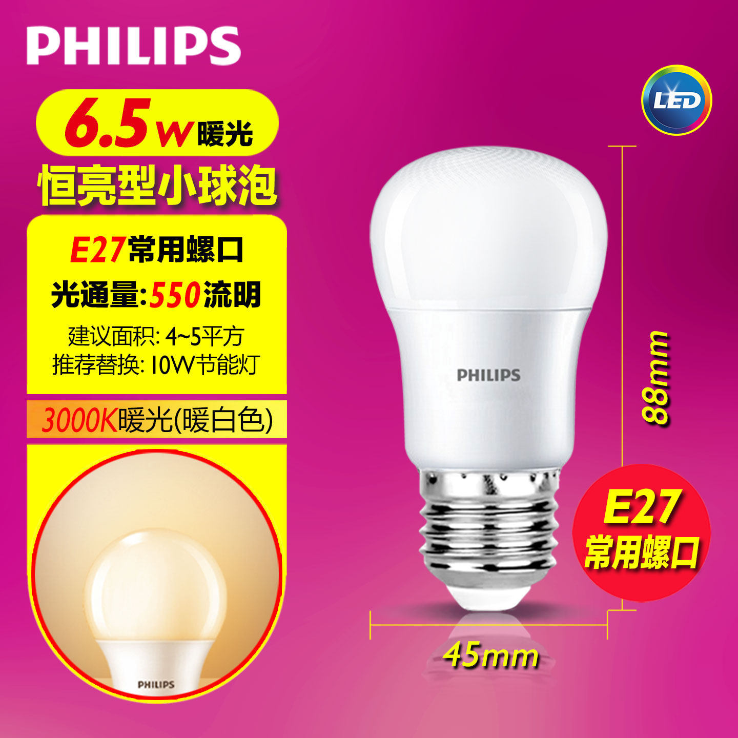 Светодиодная лампа Philips стандартная шаровая E27 6.5Вт тёплый свет 3000K энергосберегающая