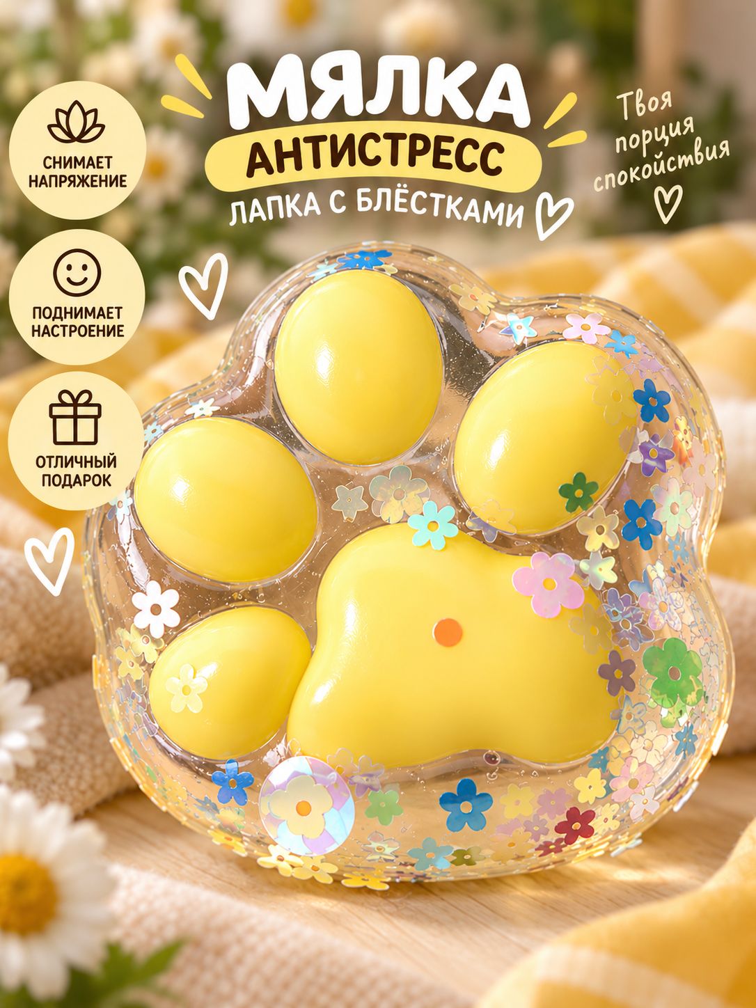 Мялка антистресс Лапка с блёстками, сквиши игрушка-антистресс, жёлтая