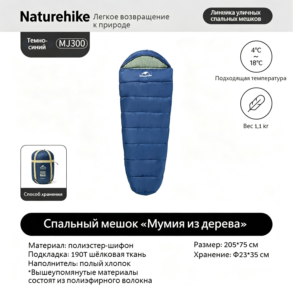Naturehike Хлопчатобумажный спальный мешок для мумии гибискуса ，Влагостойкий и брызгозащищенный CNK2300SD014